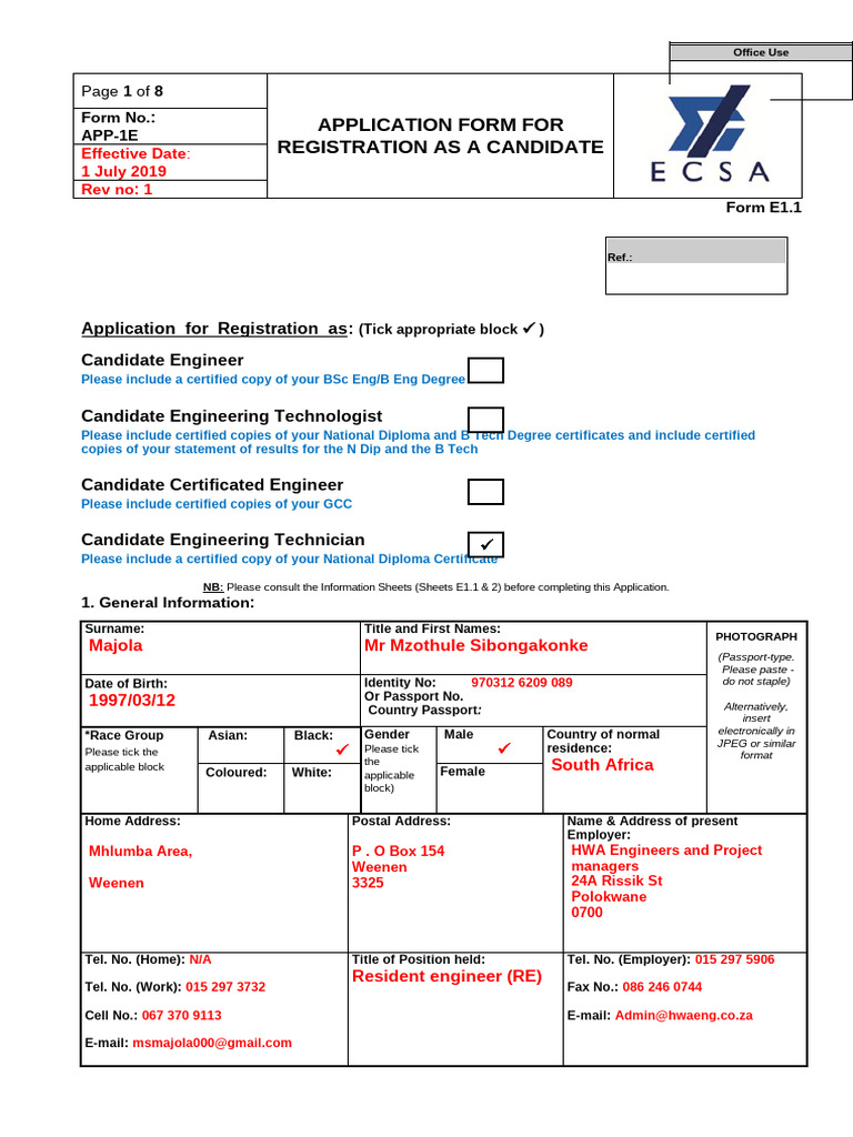 ECSA Candidate Registration Application Form | PDF | Banks | Fine (Penalty)