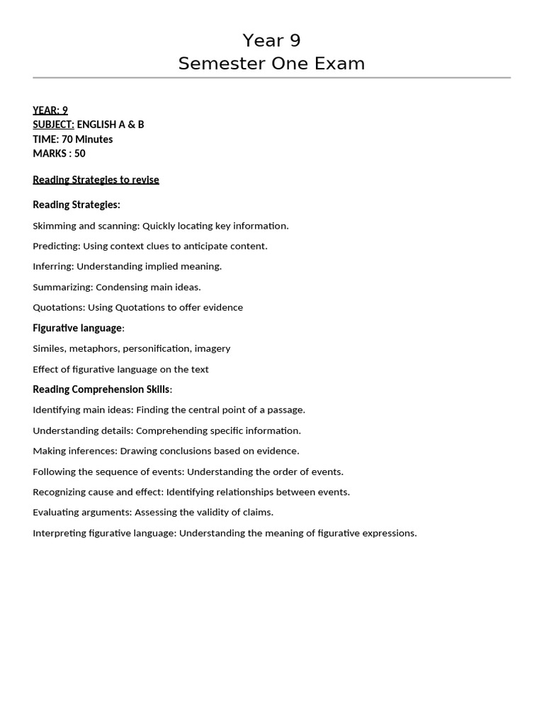 Y9 Semester One Exam Guide - Checkpoint Fiction | PDF