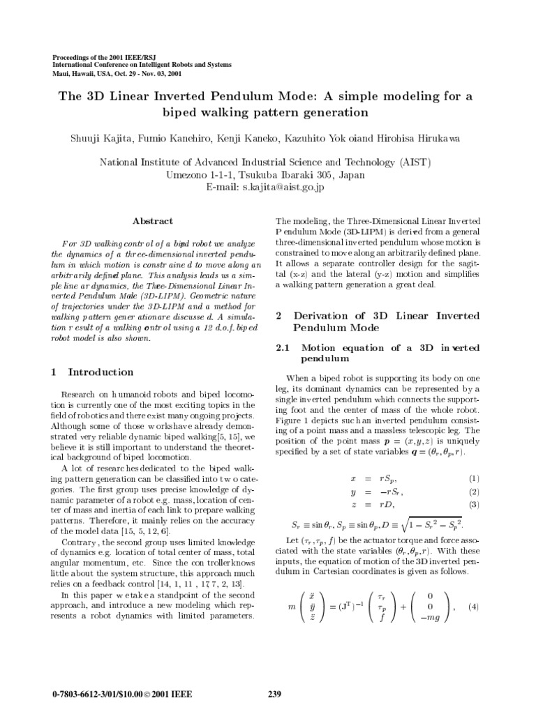 3D Linear Inverted Pendulum Model | PDF | Robotics | Force