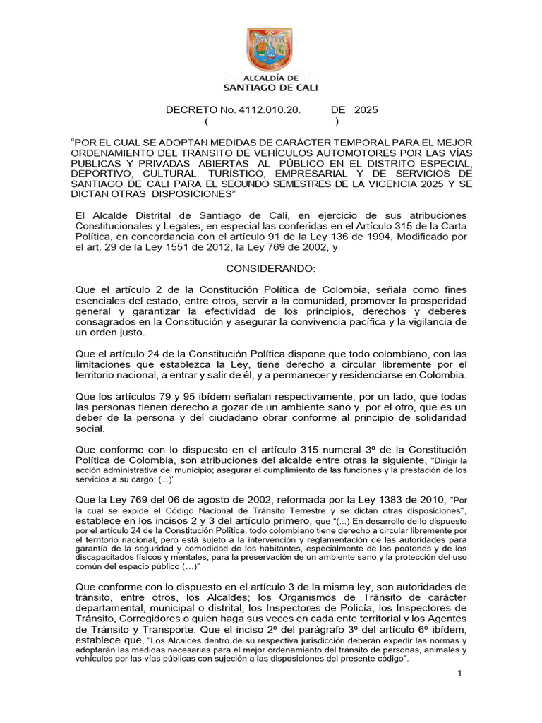 Borrador Proyecto Decreto Pico y Placa 2025 Segundo Semestre 1 | PDF | Transporte | Peatonal