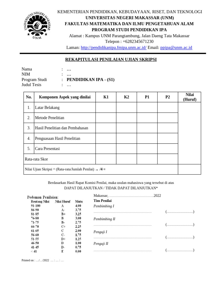 Format Rekap Penilaian Ujian Skripsi (1) | PDF