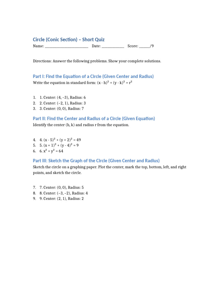 Circle Conic Section Quiz | PDF