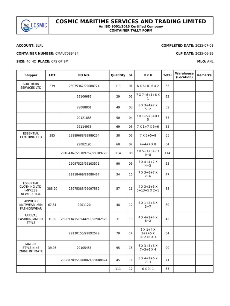 Container Tally Report for Cosmic Maritime | PDF