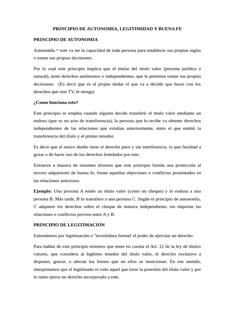 Principios de Títulos Valores: Autonomía y Buena Fe | PDF | Autonomía ...