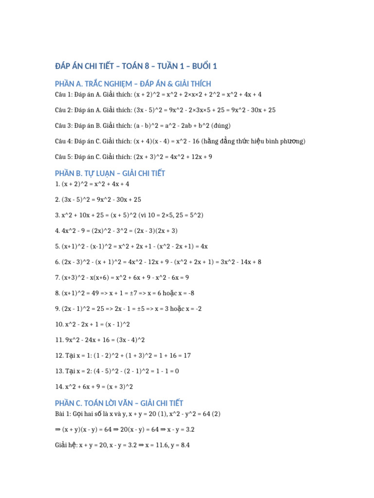 Toan8 Tuan1 Buoi1 DapAn | PDF
