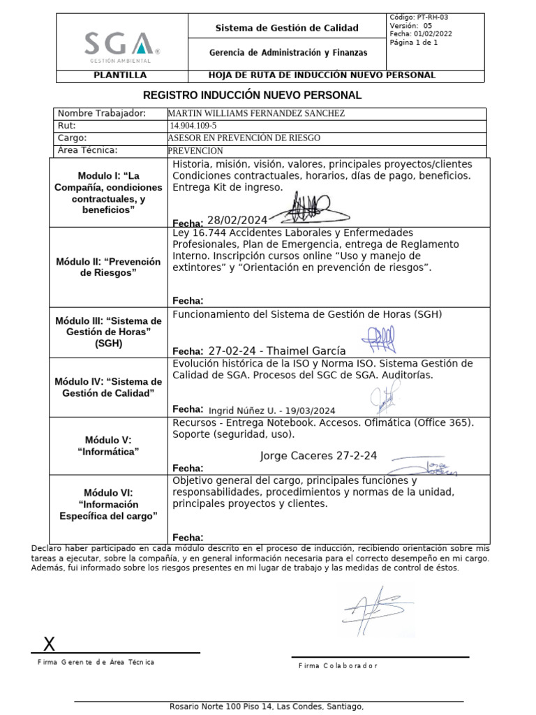 PT-RH-03 Hoja de Ruta de Inducción - MFernandez | PDF | Sistema de manejo de calidad | Business