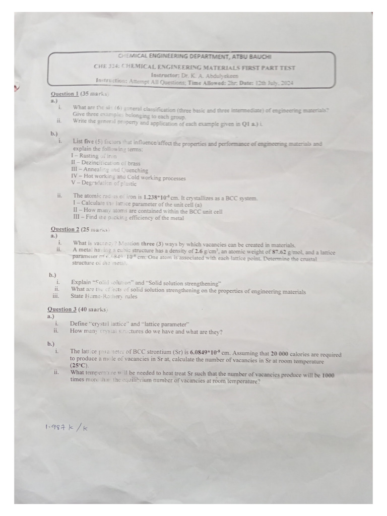 CHE 324 1st Test | PDF