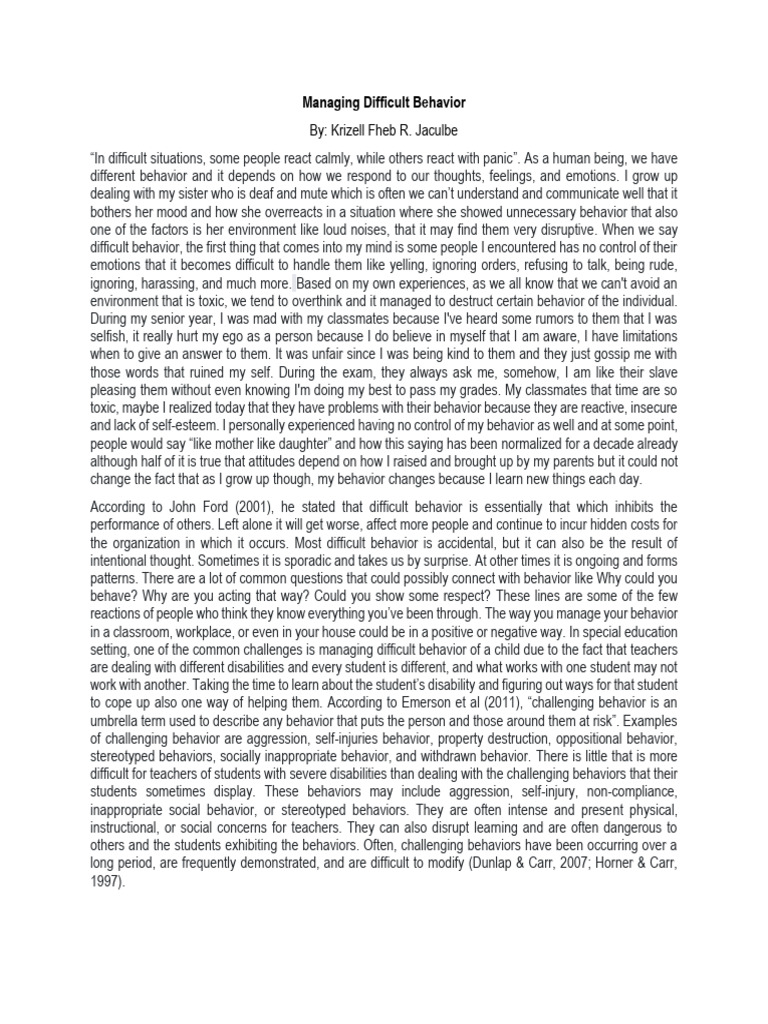 Strategies for Managing Difficult Behavior | PDF | Behavior | Mind