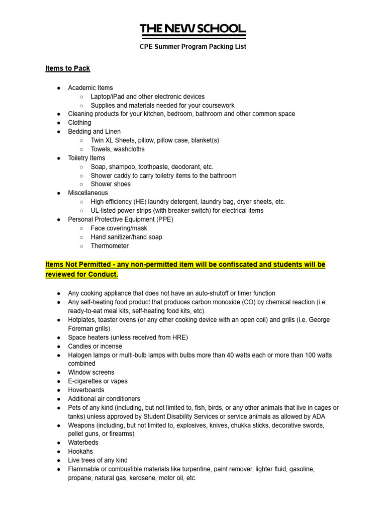 SU25 CPE Summer Housing Packing List | PDF