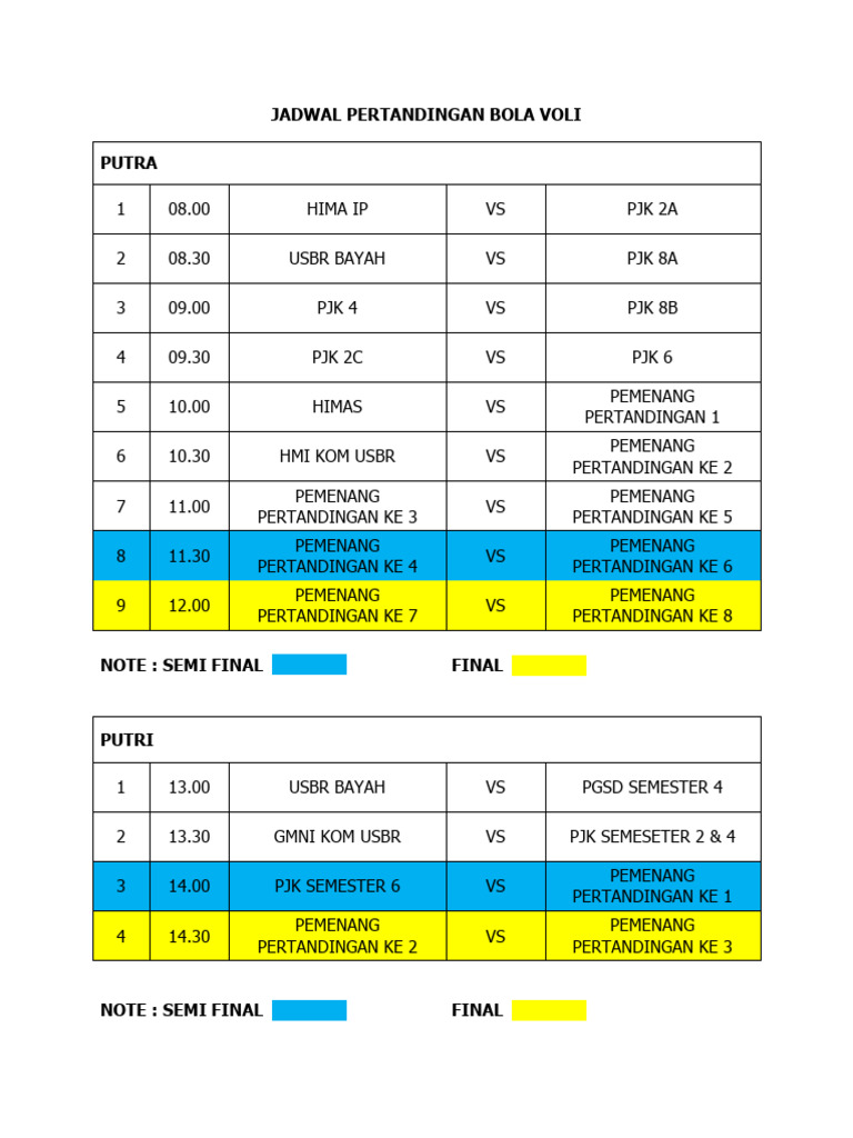 Jadwal Pertandingan Bola Voli | PDF