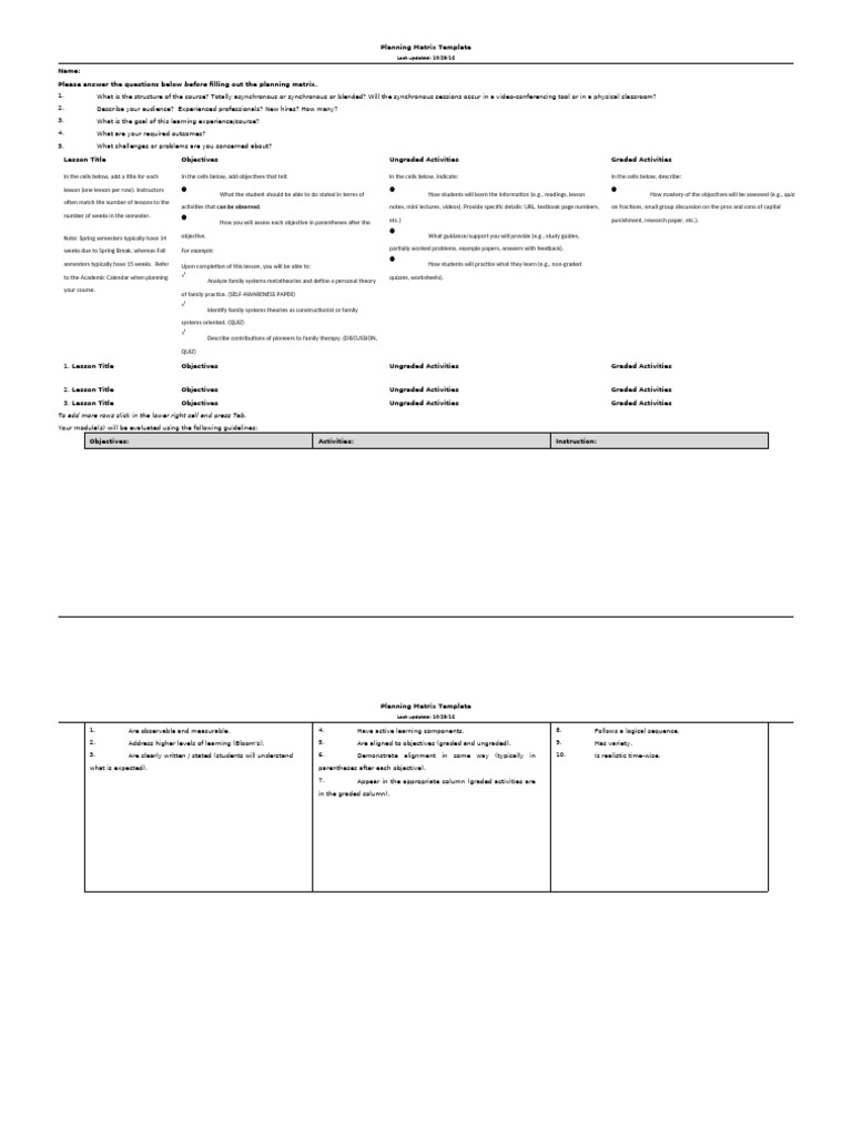 Planning Matrix Template Guide | PDF | Learning | Behavior Modification