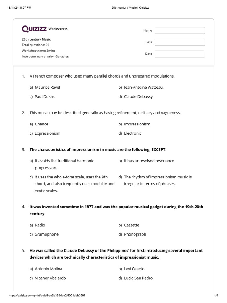 20th Century Music Quiz Worksheet | PDF | Electronic Music | Musical ...