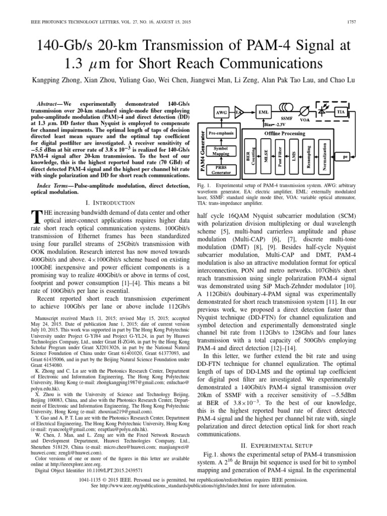 140-Gb S 20-Km Transmission of PAM-4 Signal at 1.3 Mu Textm For Short ...