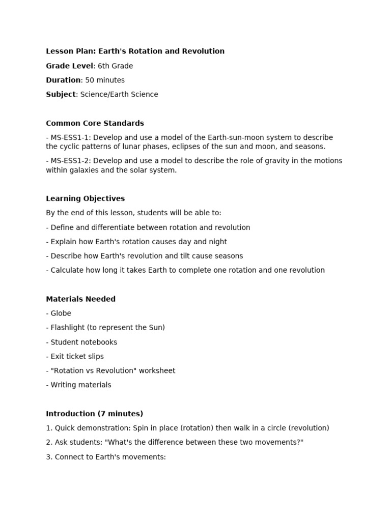 Earth’s Rotation and Revolution Lesson Plan | PDF | Rotation | Earth