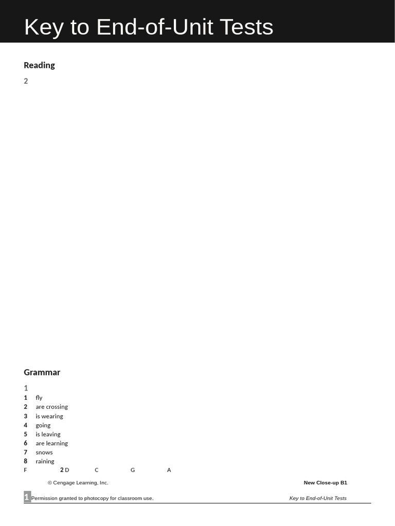 b1 End-Of-Unit Tests Answer Key | PDF