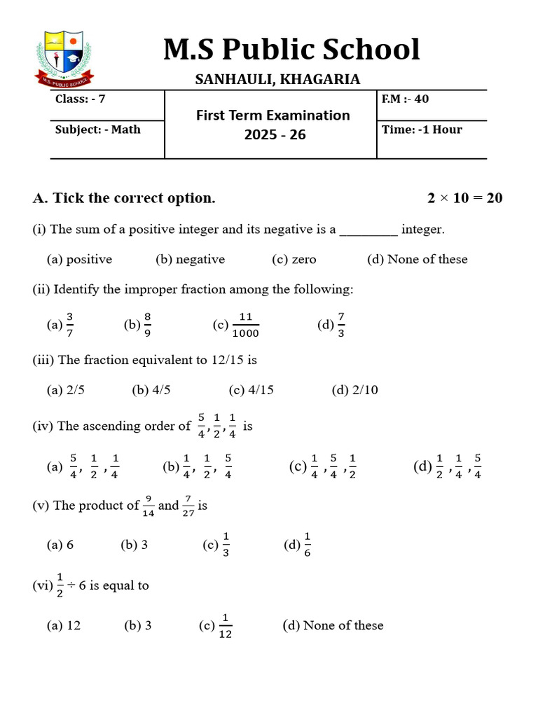 Class 7 Math Exam Questions 2025-26 | PDF | Numbers | Arithmetic