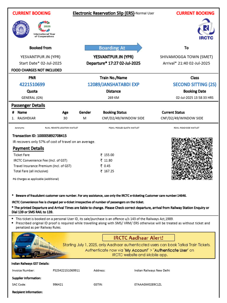 12089/janshatabdi Exp Second Sitting (2S) | PDF | Identity Document ...