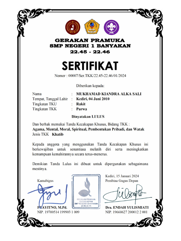 Contoh Sertifikat TKK Penggalang | PDF