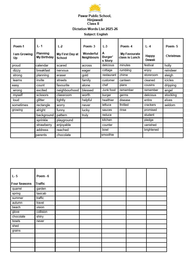 Class 2 English Dictation List 2025-26 $20250616163054 | PDF