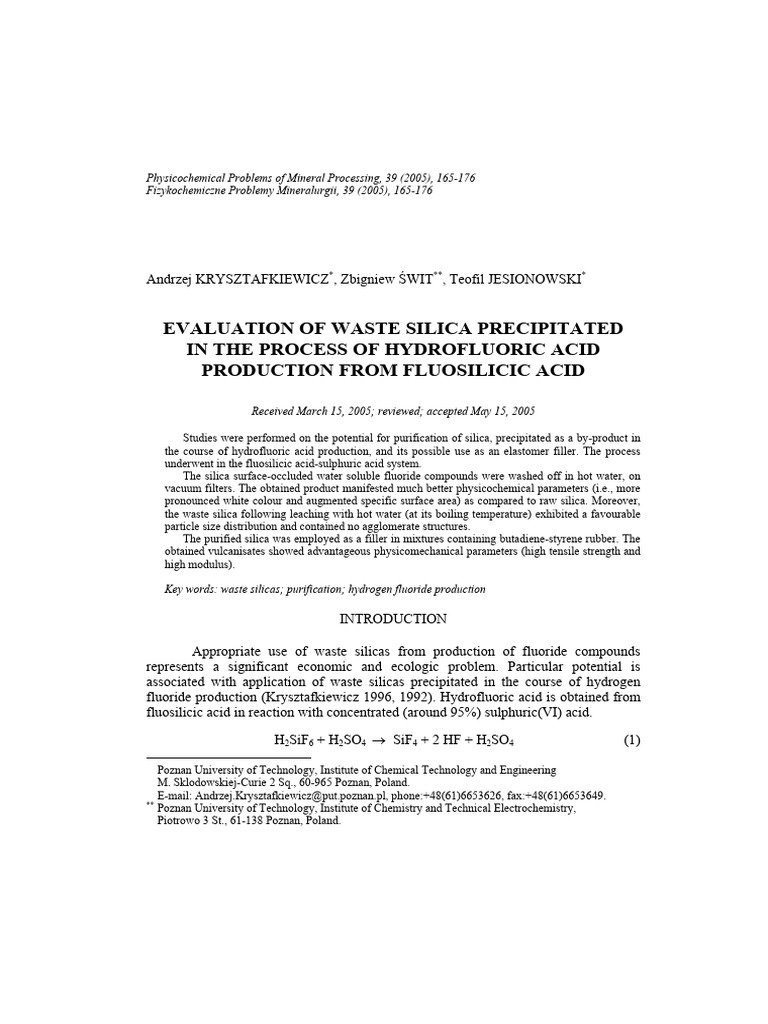 Evaluation of Waste Silica Precipitated in The Process of Hydrofluoric ...
