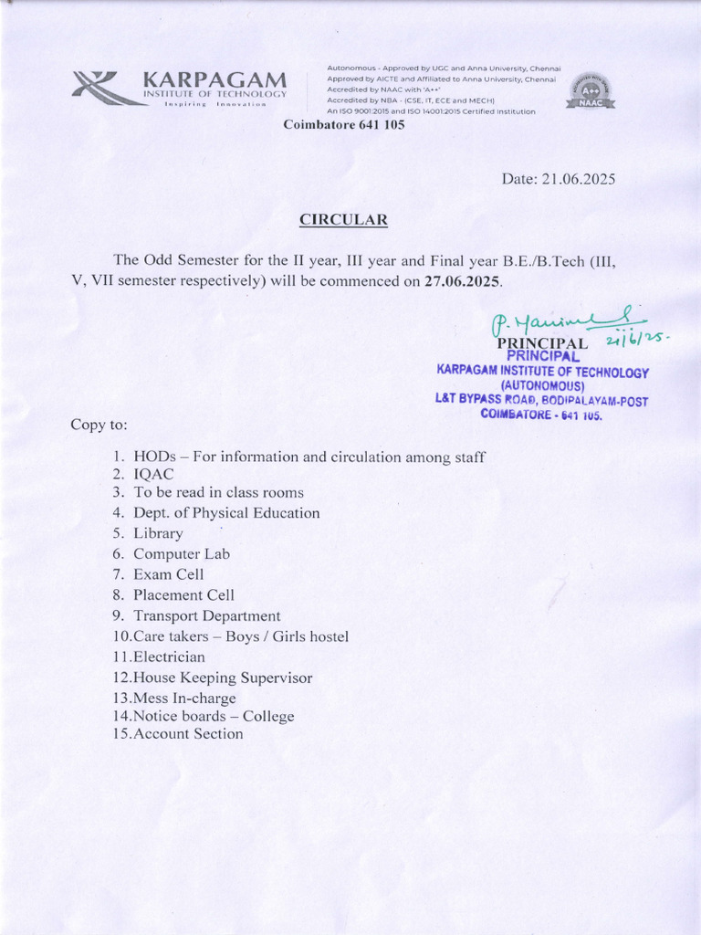 Circular - Odd Semester Reopen | PDF