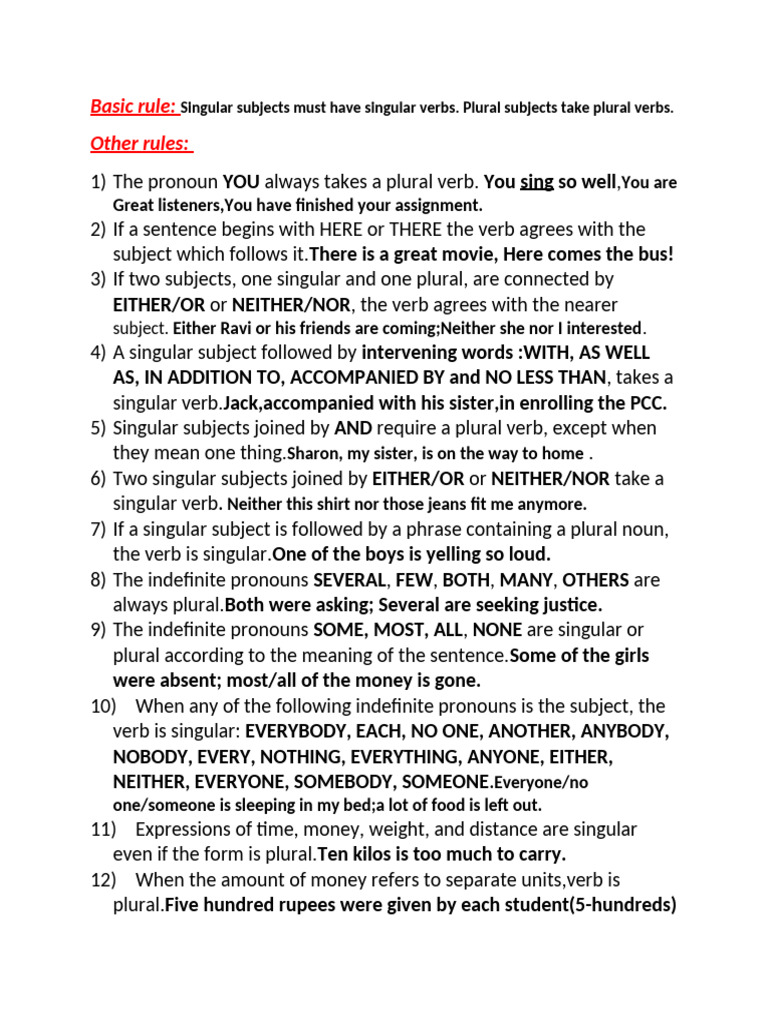 12 Rules of Subject-Verb Agreement | PDF | Grammatical Number | Plural
