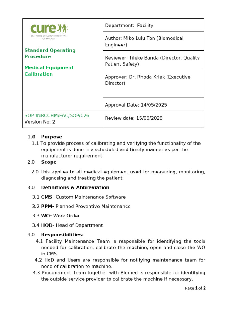 SOP For Calibration - Edited | PDF | Medical Device | Calibration