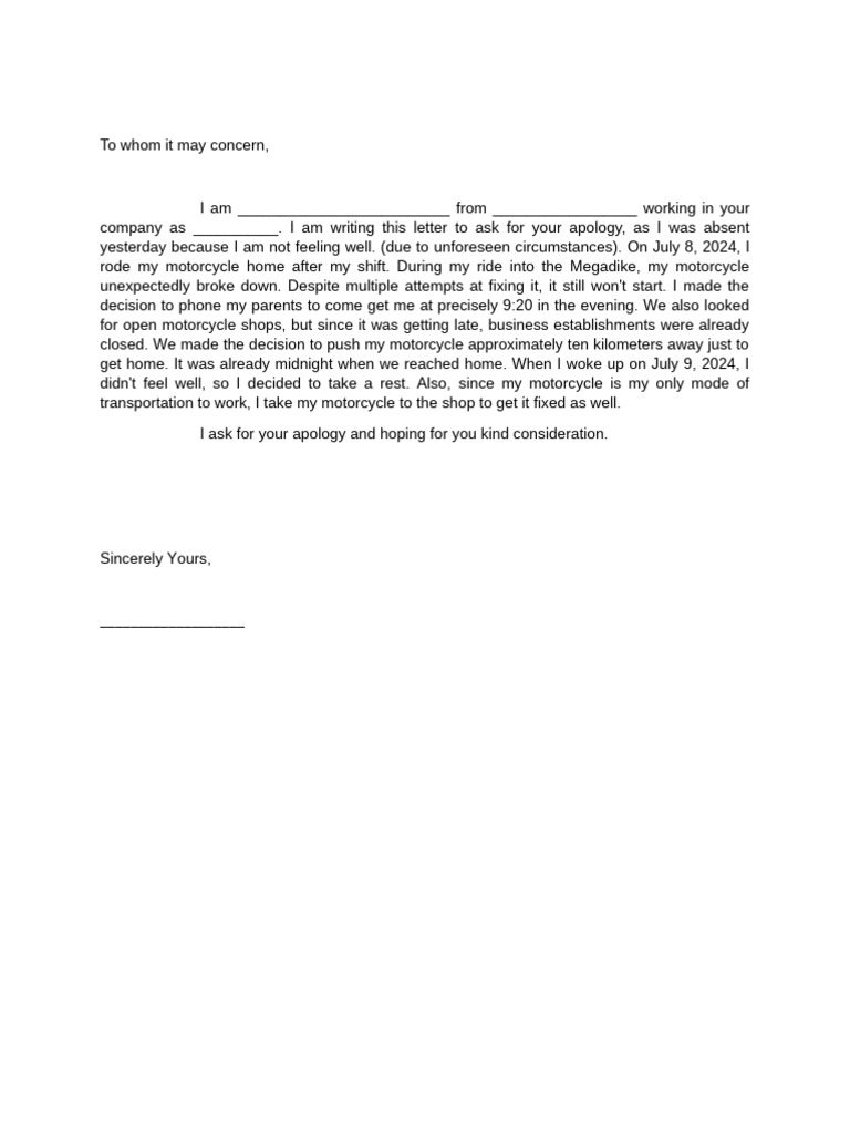 Apology for Absence Due to Illness | PDF