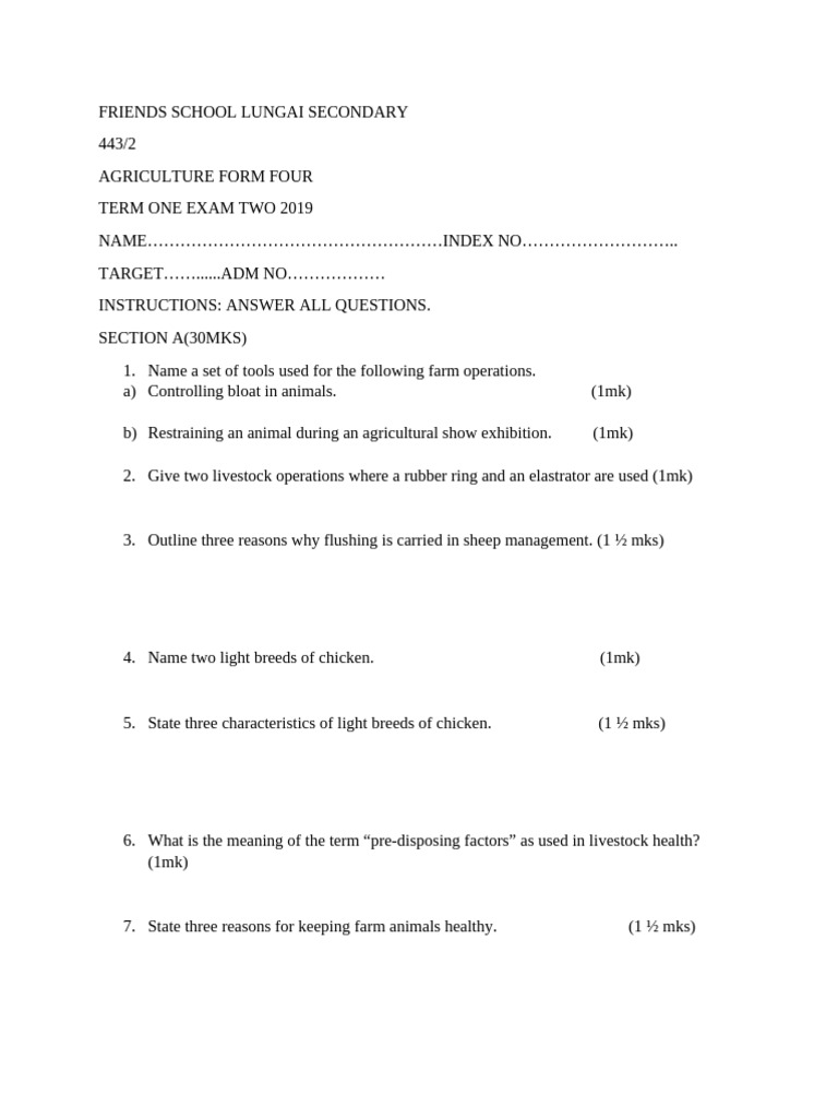 Agriculture Form 4 Exam 2 Term 1 2019 | PDF | Livestock