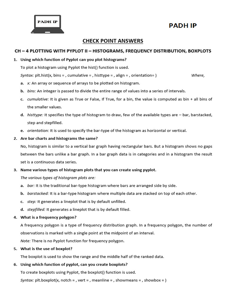 CH 4 Plotting With Pyplot II - Histograms, Frequency Distribution, Boxplots CPA | PDF