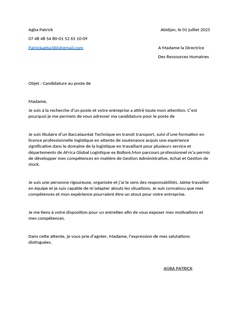 Candidature de Patrick Agba en Logistique | PDF