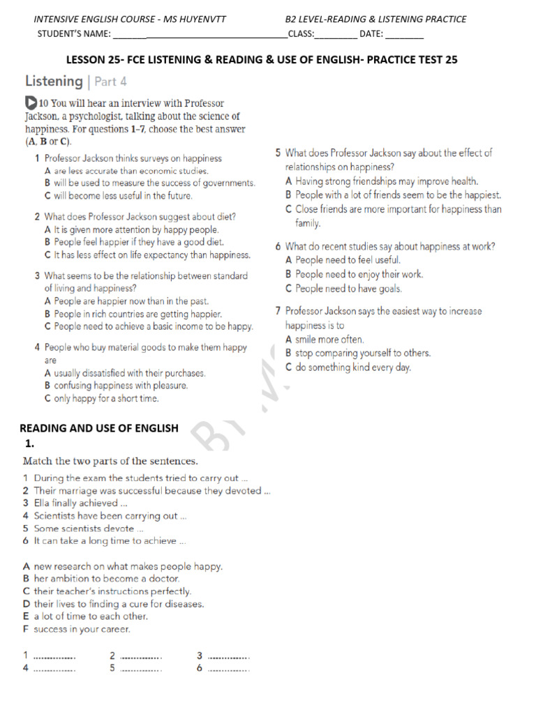 b2 Level - Lesson 25 - Fce Listening-Reading Practice Test 25 | PDF