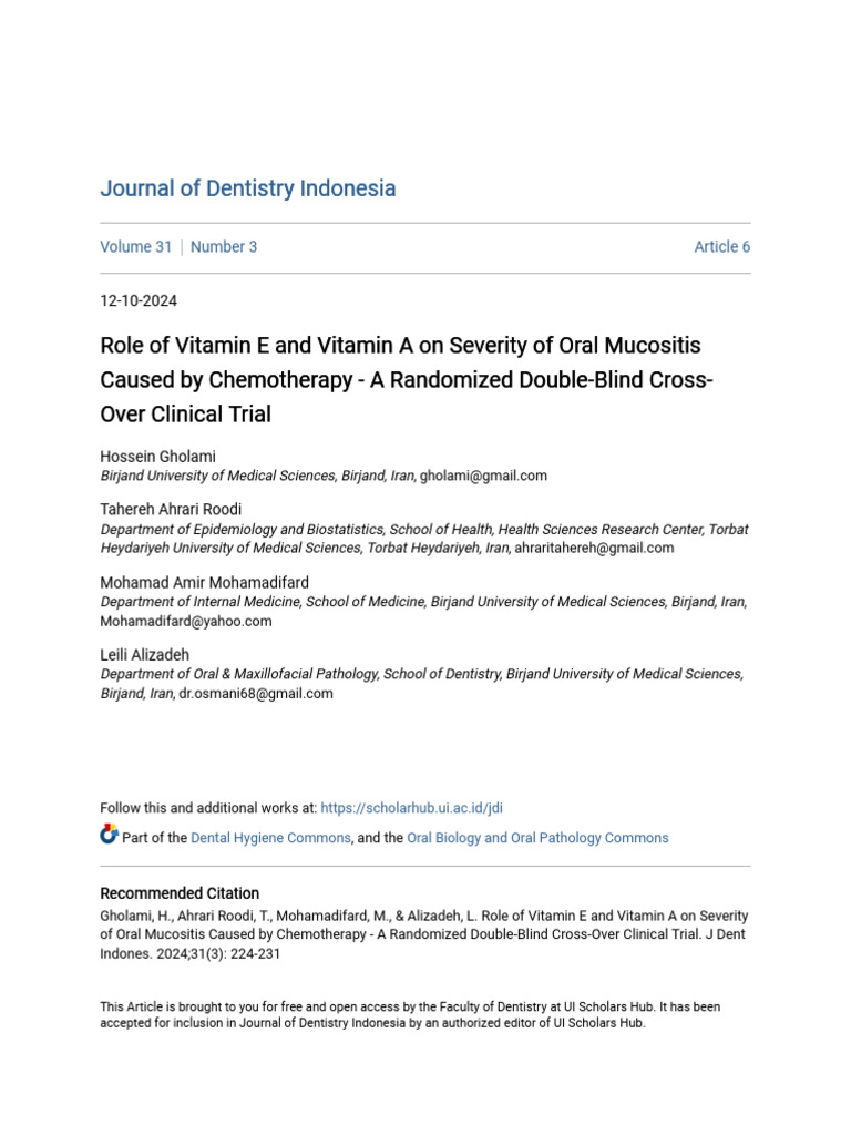 Kolaborasi Jurnal Role of Vitamin E and Vitamin A On Severity of Oral Mucositis | PDF | Clinical ...