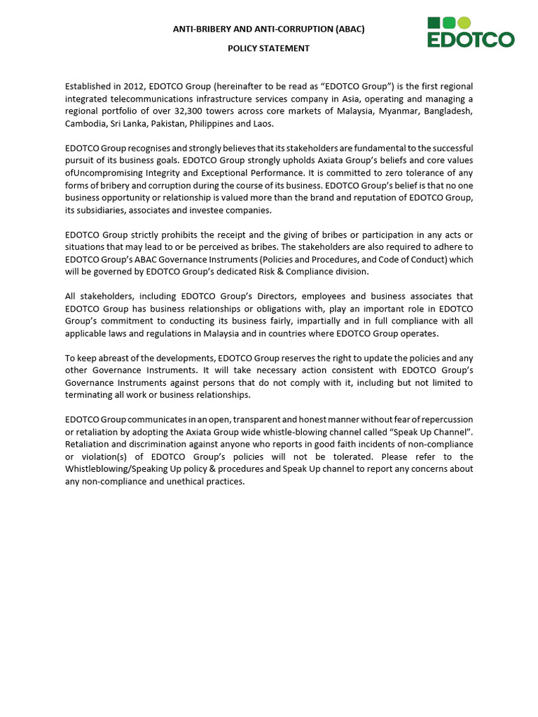 Anti Bribery Policy Statement A5cea8d7f6 | PDF | Bribery | Regulatory ...