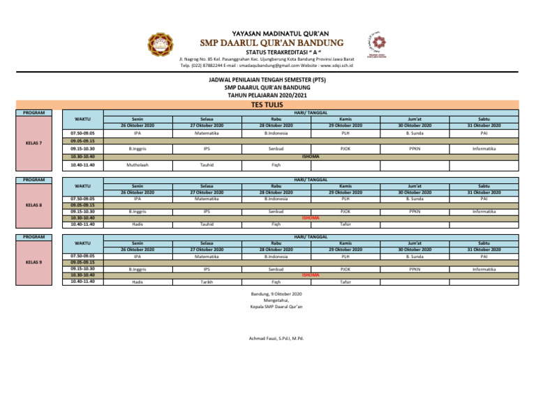 Jadwal PTS SMP Daarul Qur'an 2020 | PDF