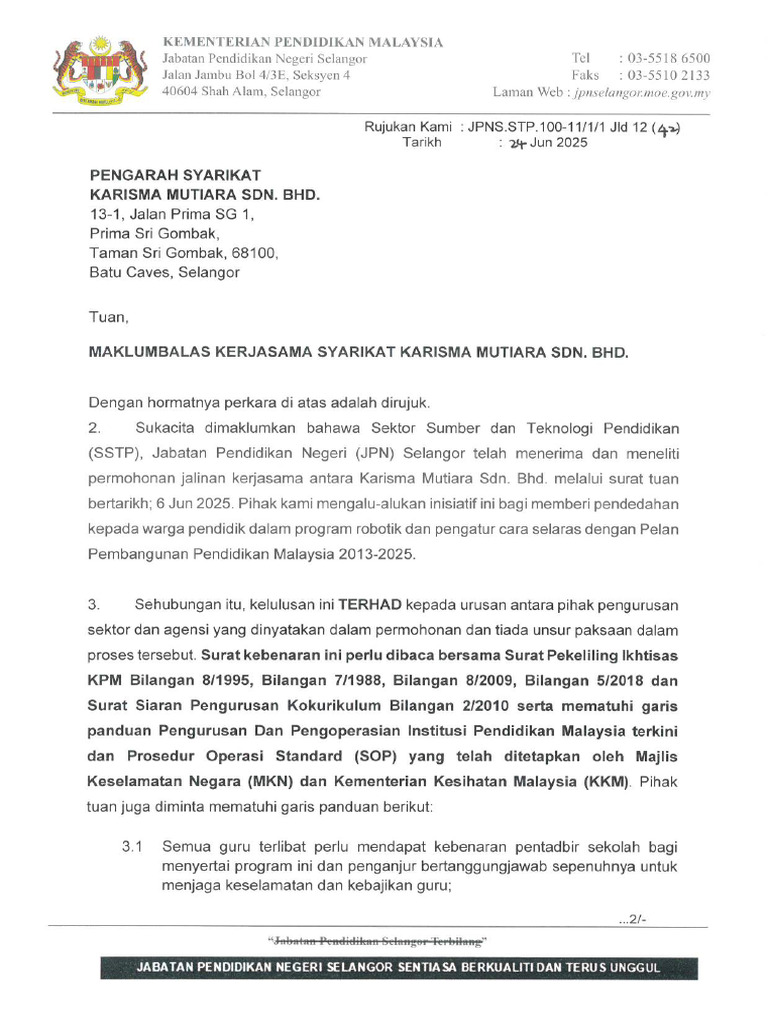 Surat Maklumbalas Kerjasama Syarikat Karisma Mutiara | PDF