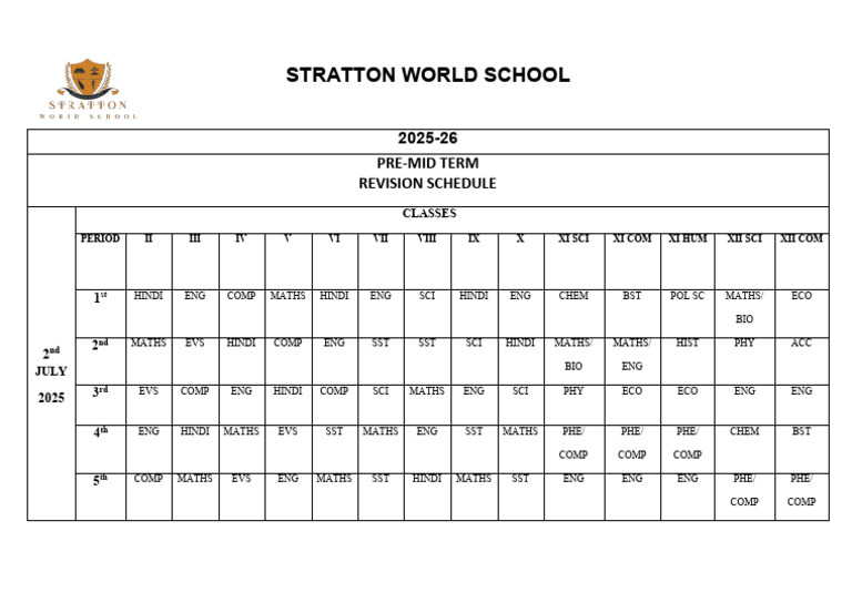 Pre Mid Term Revision Time Table | PDF