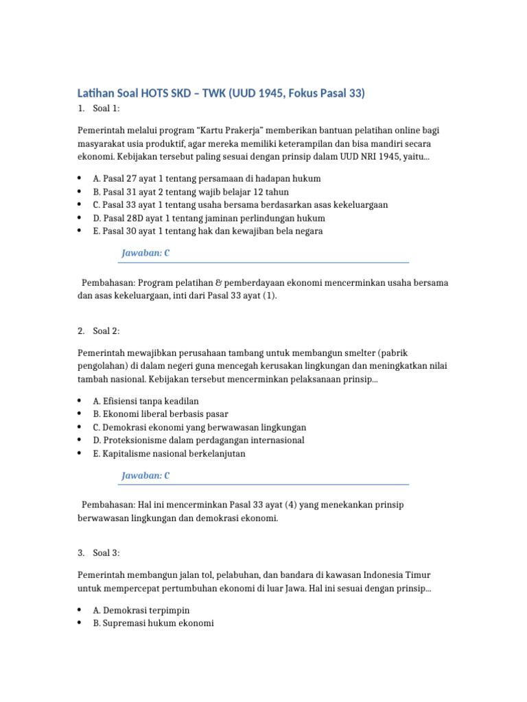 Latihan Hots Pasal 33 Uud 1945 - TWK | PDF