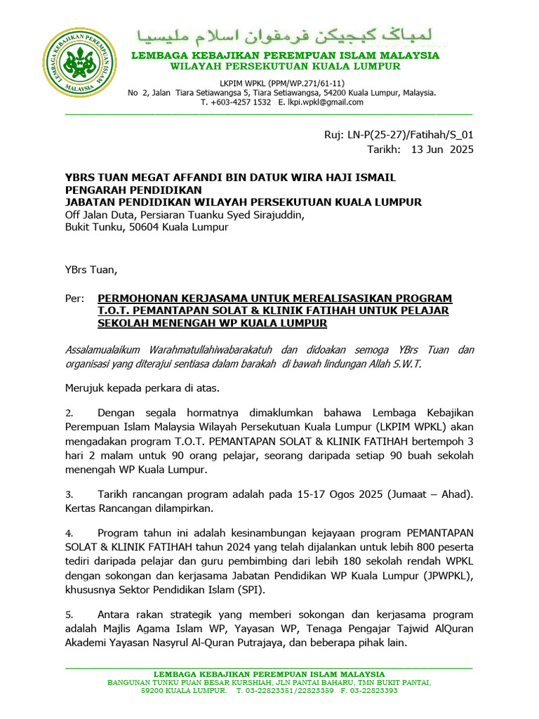 Surat 01 JPWPKL - Mohon Kerjasama Klinik Fatihah - 15 Ogos-100pax | PDF