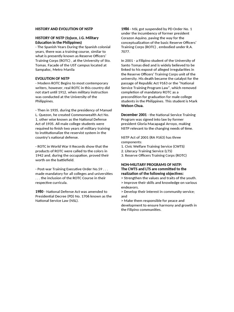 History and Evolution of NSTP | PDF | Philippines