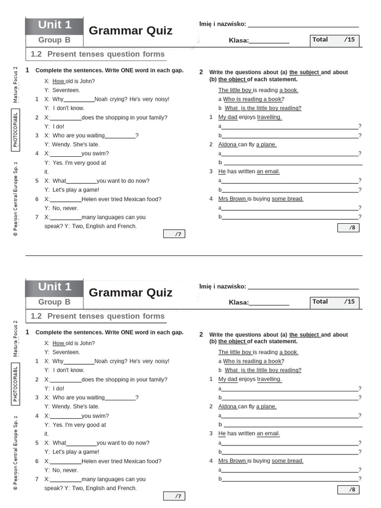 Grammar Quiz Lesson 1.2 - Group B | PDF | Human Communication | Syntax
