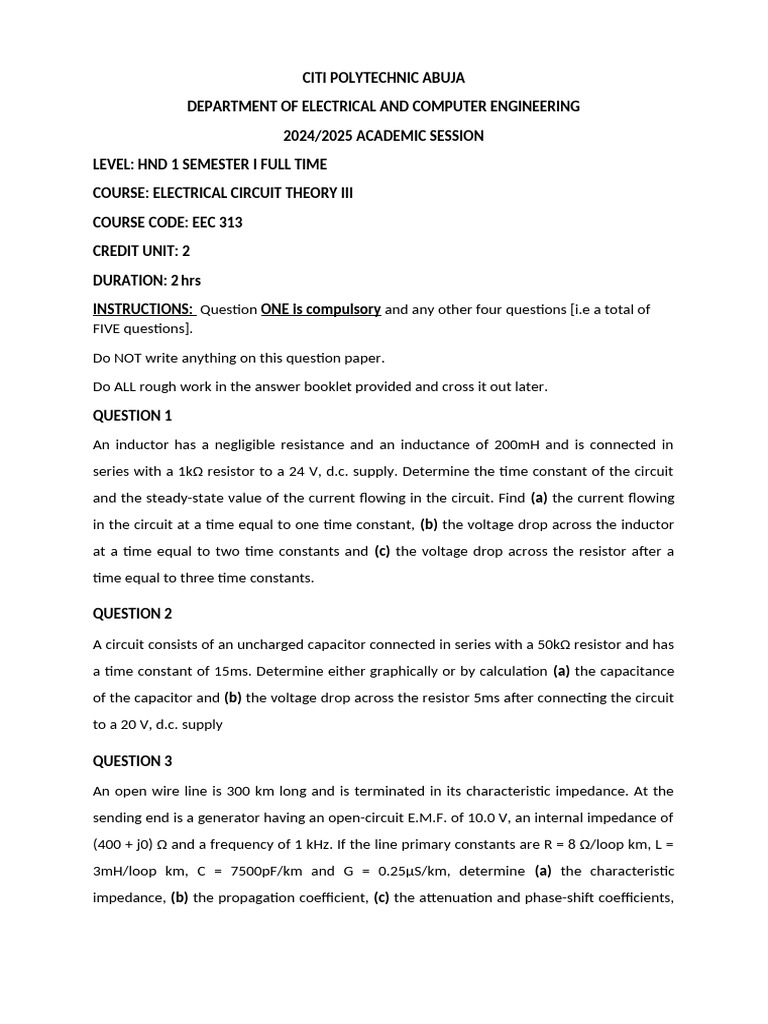 Exam Question HND Sem 1 Circuit Theory | PDF | Electrical Network | Transmission Line