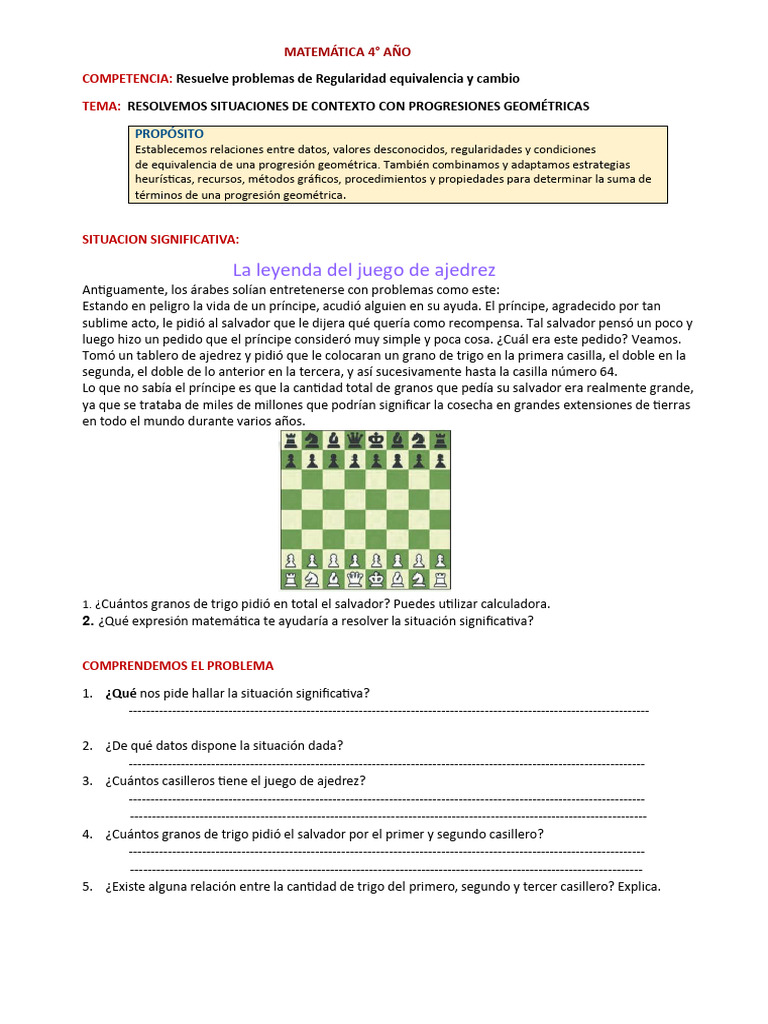MATEMÁTICA 4° AÑO Resolvamos Problemas Con Progresiones Geométricas | PDF | Ajedrez | Matemáticas