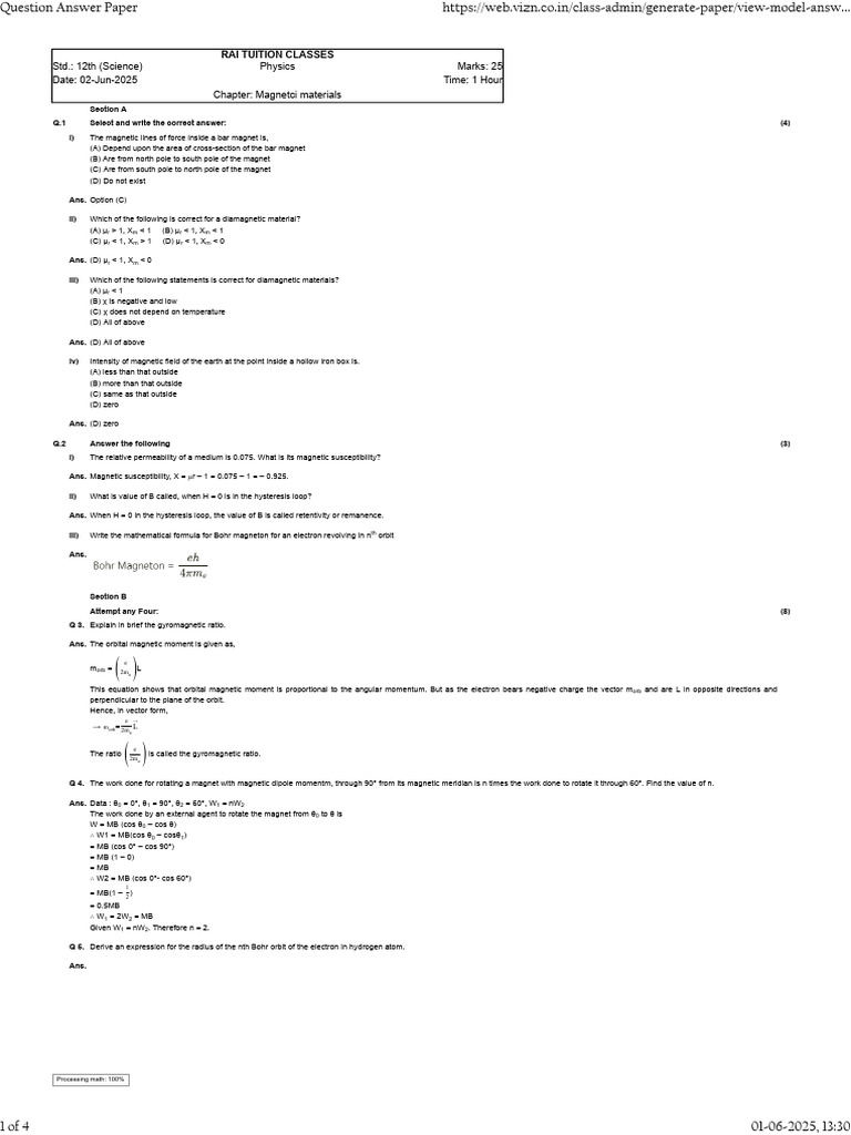 Xii Phy Magnetic Materials 02.06.25 SOLN B | PDF | Electromagnetism | Metals