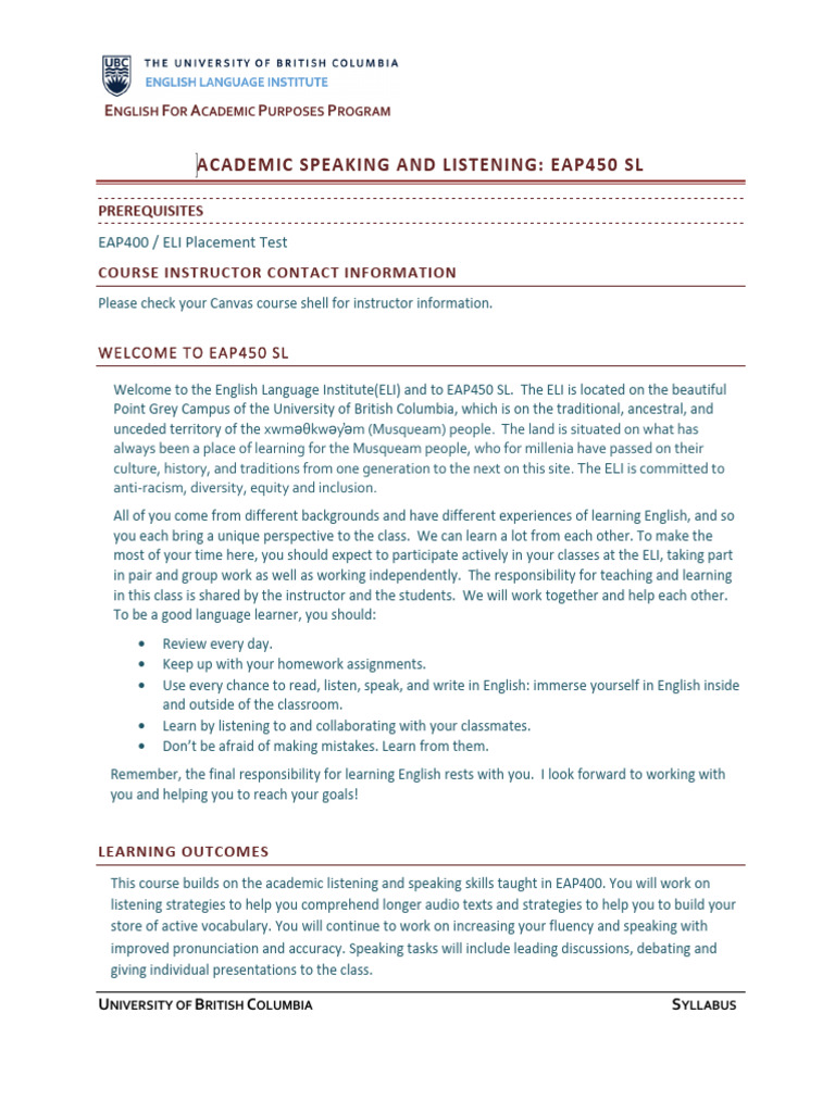 EAP450 SL Ubc Course Syllabus Campus | PDF | Copyright | Human ...