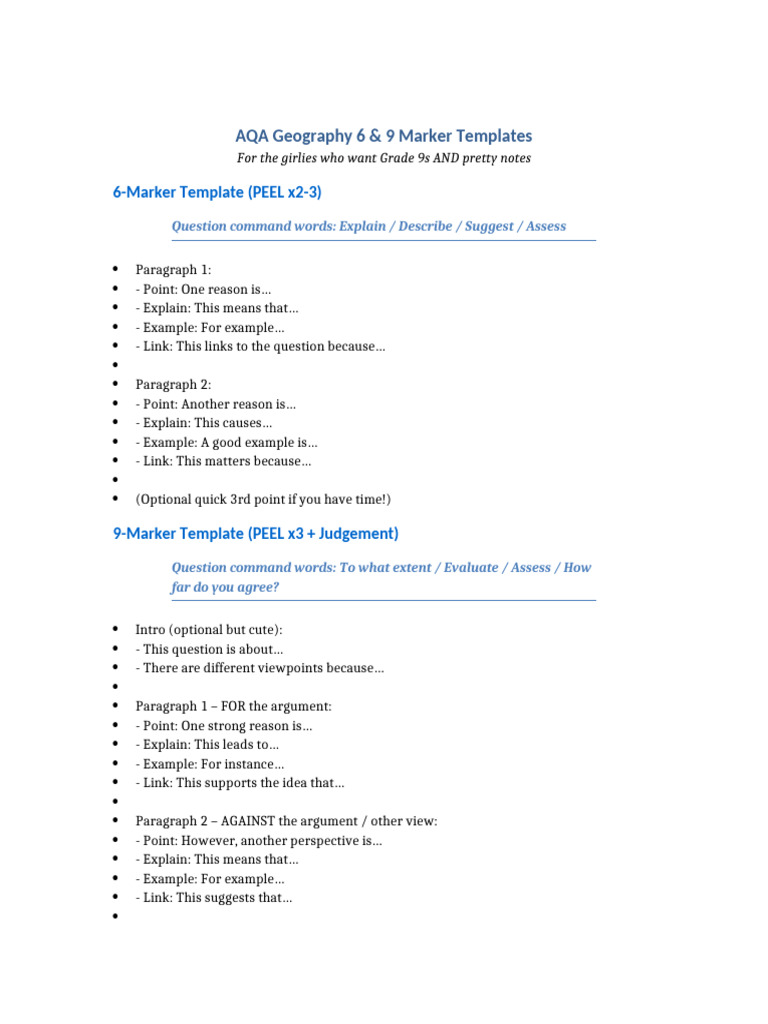 Cute AQA Geography Markers Template | PDF
