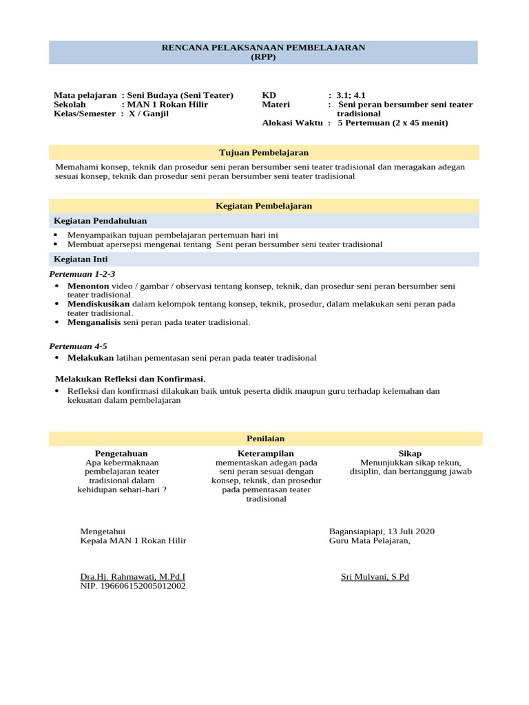 1. RPP Seni peran bersumber seni teater tradisional | PDF