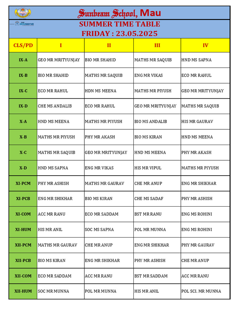 Summer Time Table 23.05.2025 (Friday) - 2025-26 | PDF