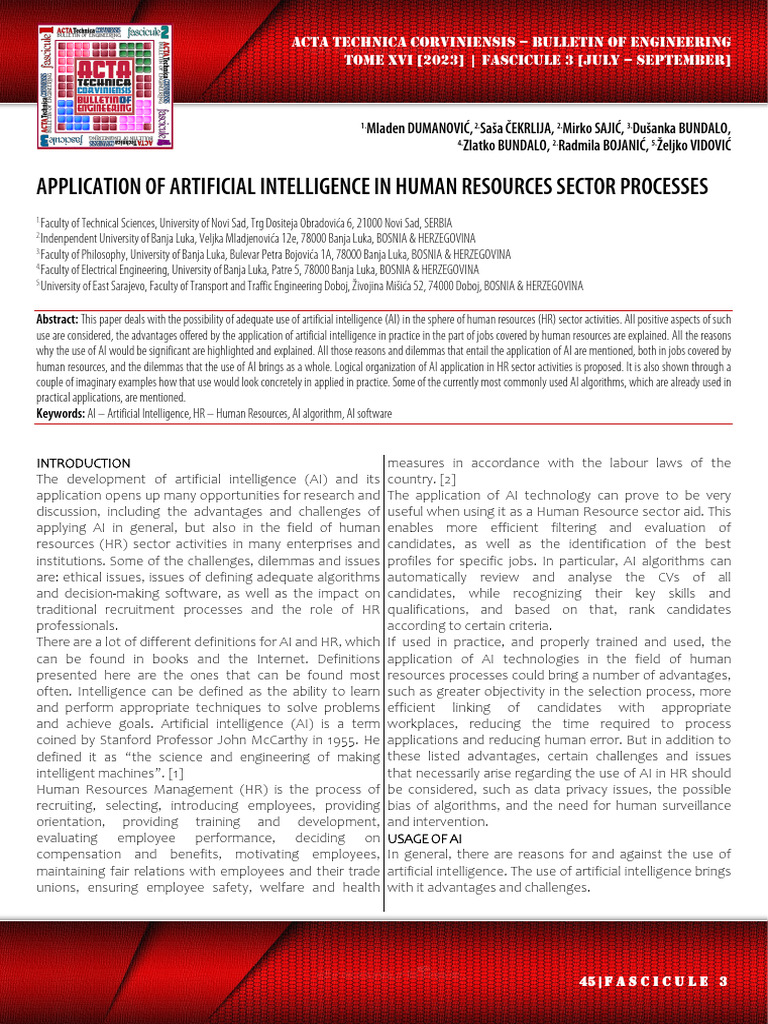Application of Artificial Intelligence in Human Resources Sector Processes | PDF | Artificial ...