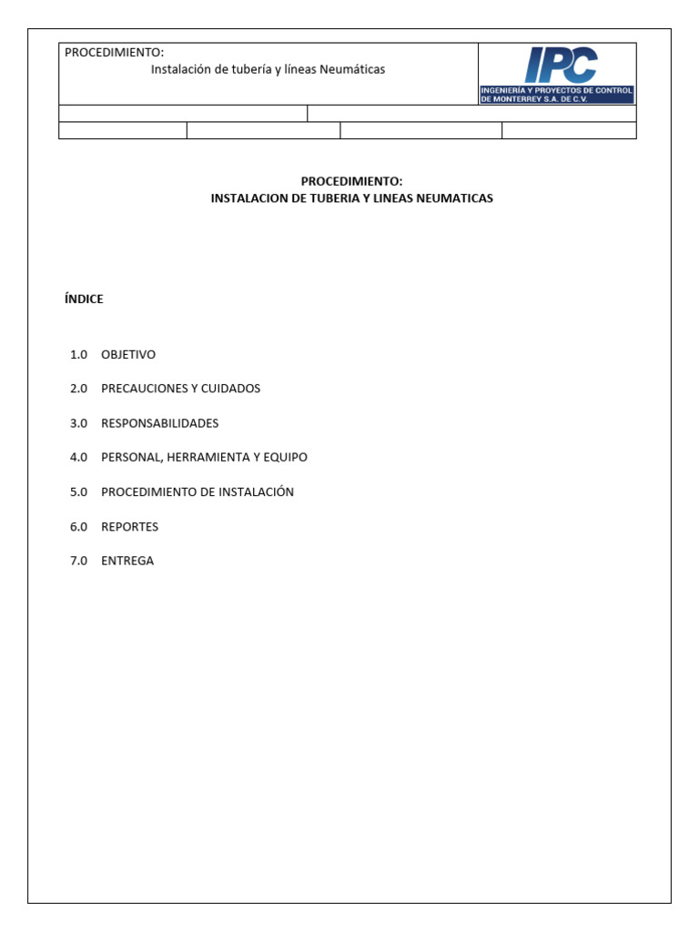 Procedimiento Tuberia Neumatica | PDF